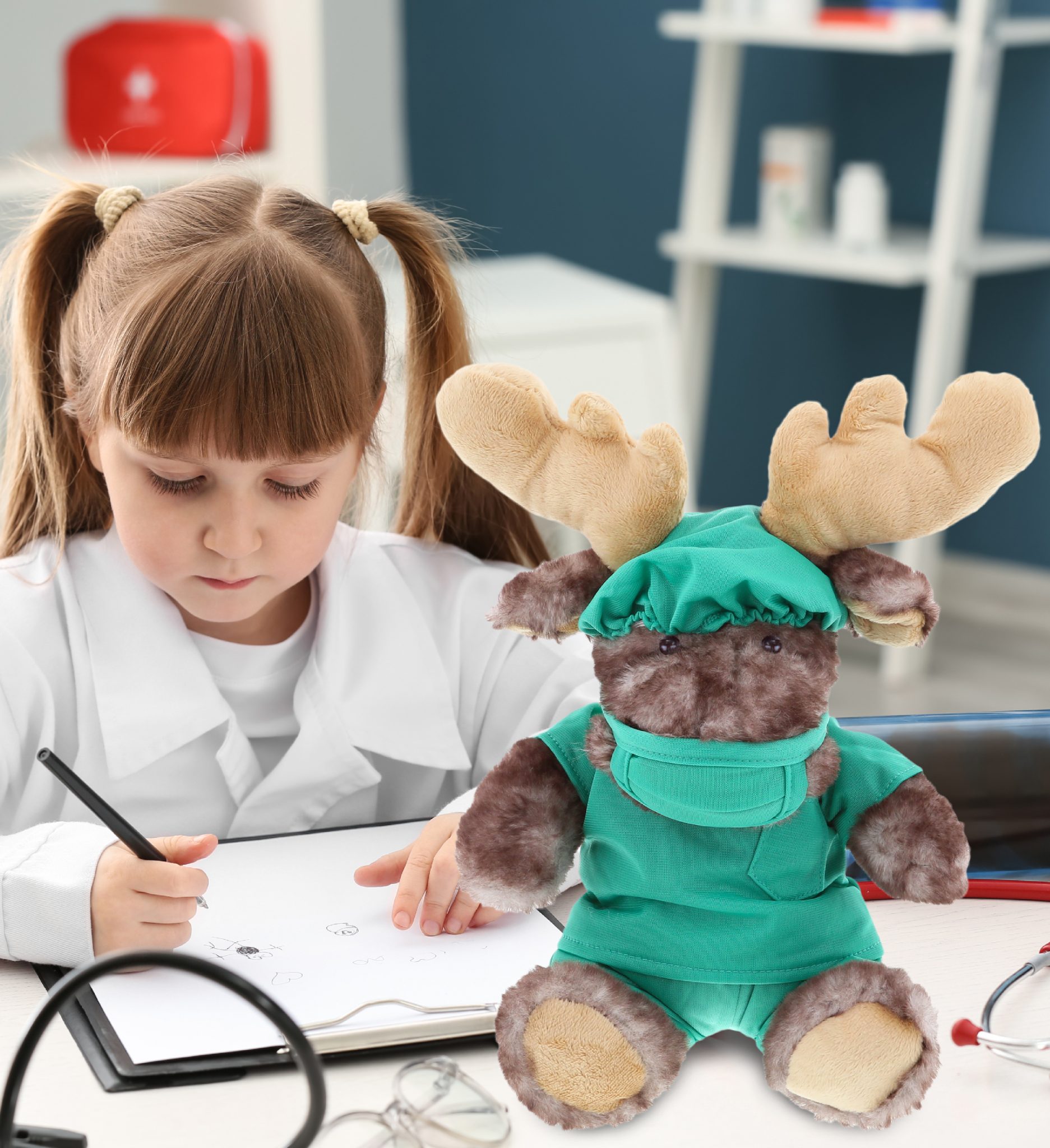 DolliBu Brownish Sitting Moose Doctor Plush Toy – Soft Brownish Moose ...