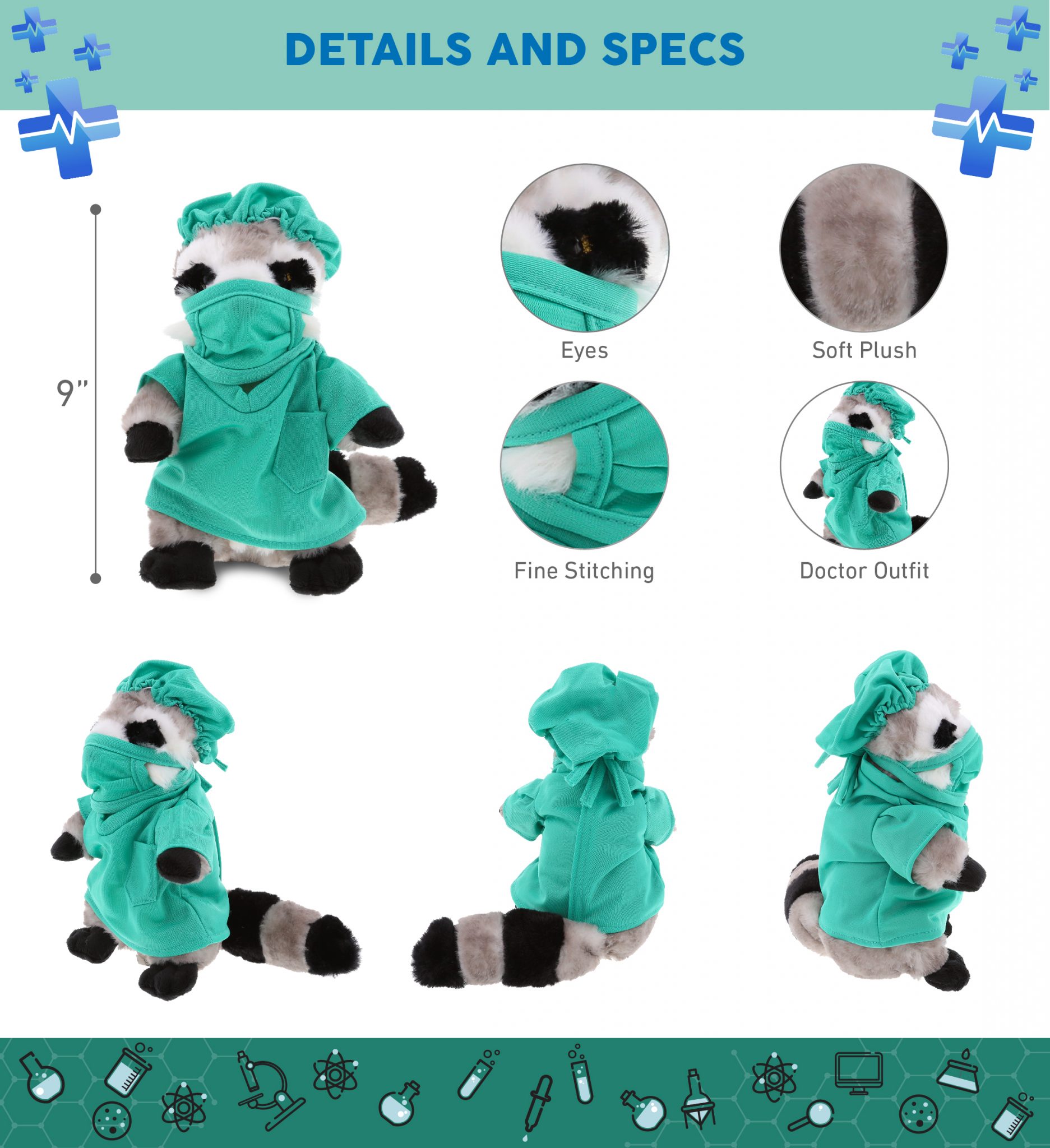 DolliBu Raccoon Doctor Plush Toy – Super Soft Raccoon Doctor Stuffed ...