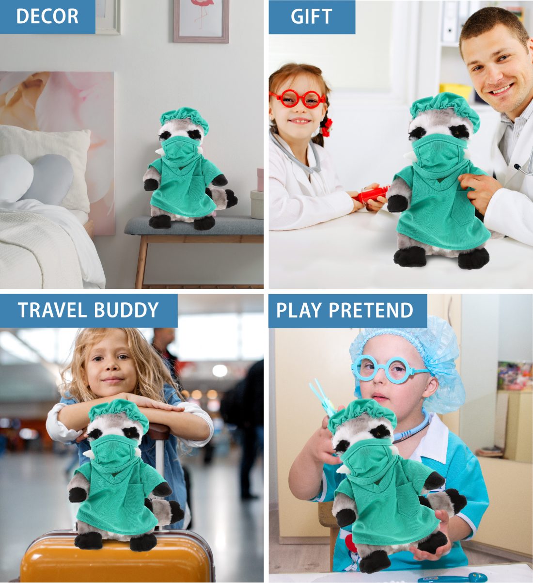DolliBu Raccoon Doctor Plush Toy – Super Soft Raccoon Doctor Stuffed ...